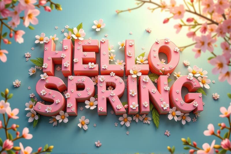Hello Spring Text with Cherry Blossoms and Floral Decorations on Teal ...