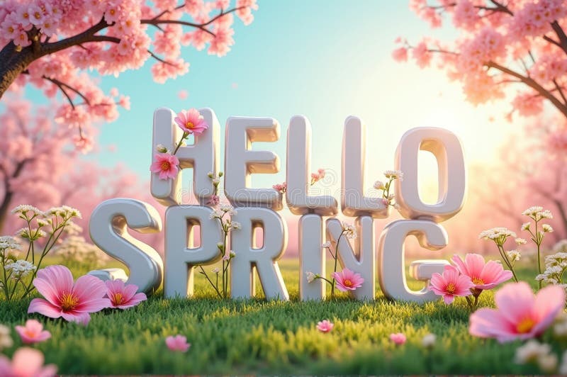 Hello Spring Text among Cherry Blossoms and Sunlit Flowers Stock Image ...
