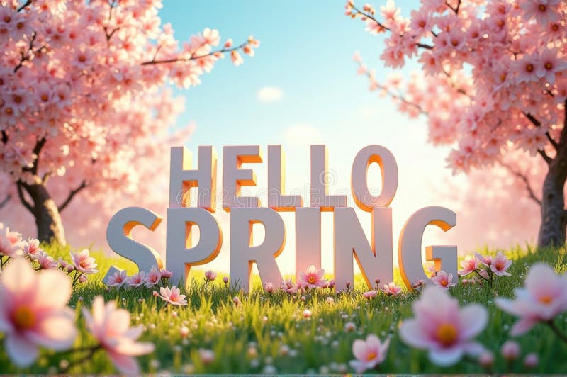 Hello Spring Text among Cherry Blossoms in a Sunny Garden Stock Image ...