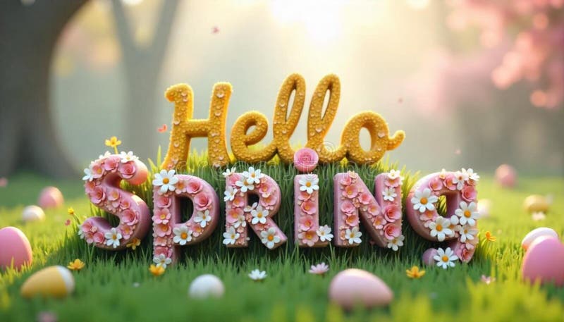 Hello Spring Text on Field with Floral Pattern and Colorful Eggs Stock ...