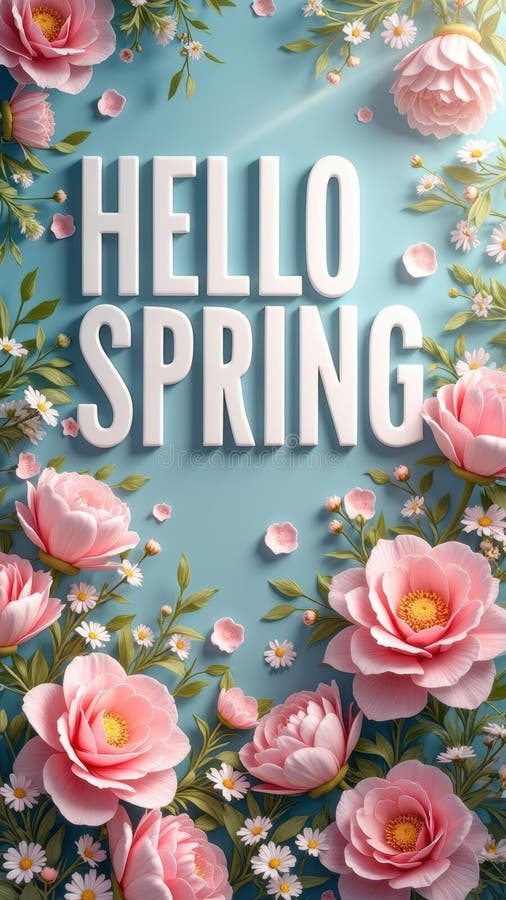 Hello Spring Text with Pink Flowers on Light Blue Background Stock ...