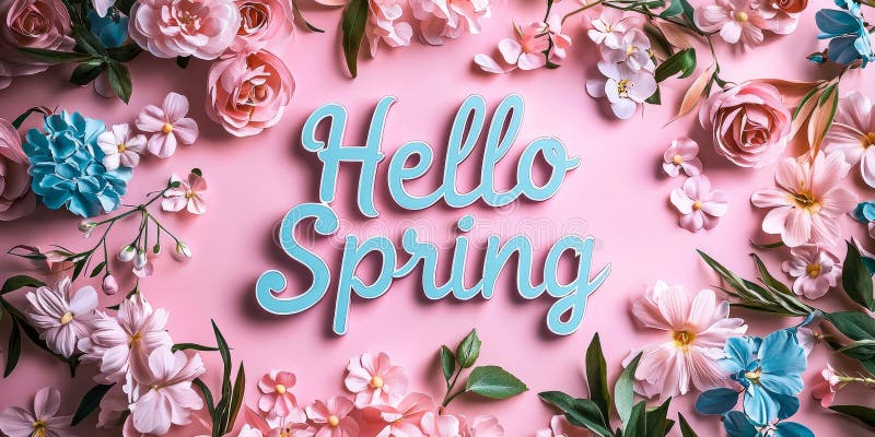 Hello Spring Text in Soft Pastel Colors with a Minimalist Floral ...