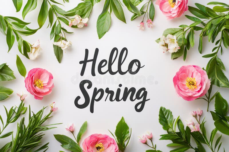 Hello Spring Text in Soft Pastel Colors with a Minimalist Floral ...