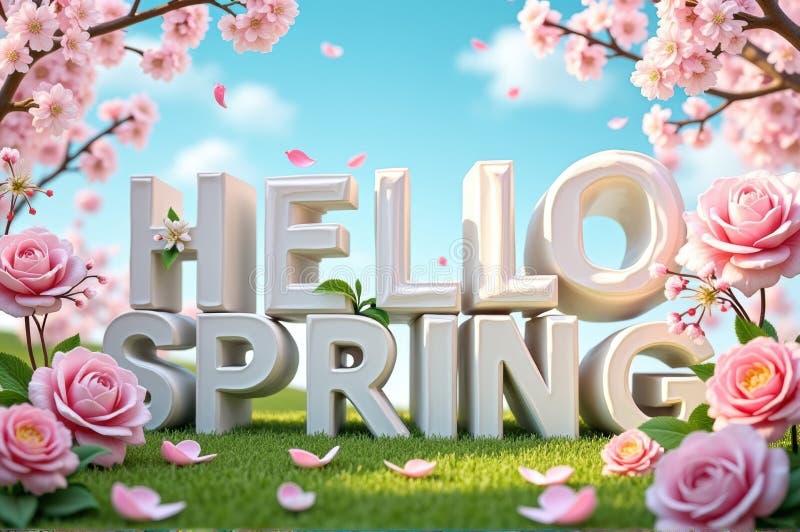 Hello Spring Text Surrounded by Cherry Blossoms and Roses in Bright ...
