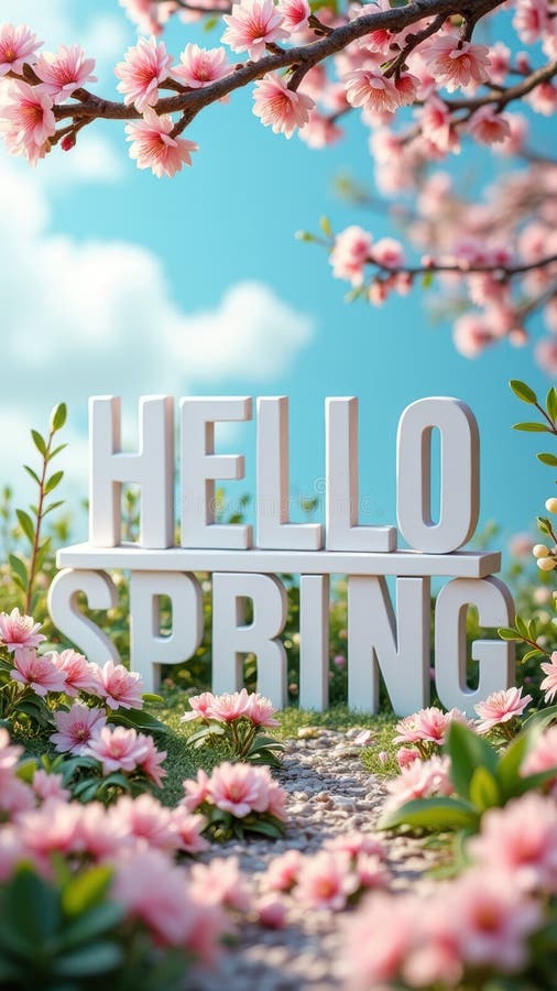 Hello Spring Typography with Cherry Blossoms and Clear Sky Background ...