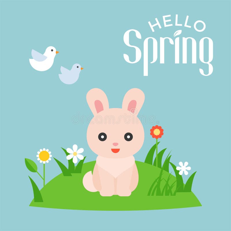 Hello Spring Typography with Illustration of Cute Rabbit Character on ...