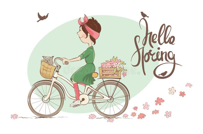 Girl on a Bicycle in a Retro Style Stock Vector - Illustration of ...
