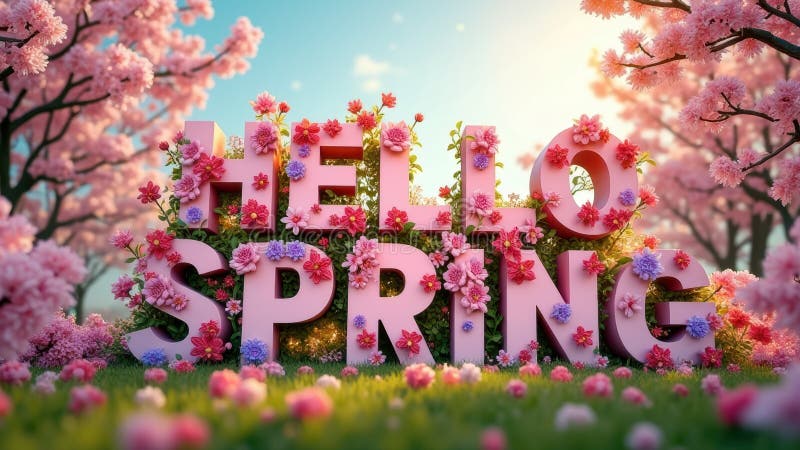 Hello Spring in Vibrant Cherry Blossom Garden with Sunlight and Flowers ...