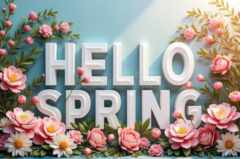 Hello Spring with Vibrant Floral Arrangement and Sunlight Stock Image ...