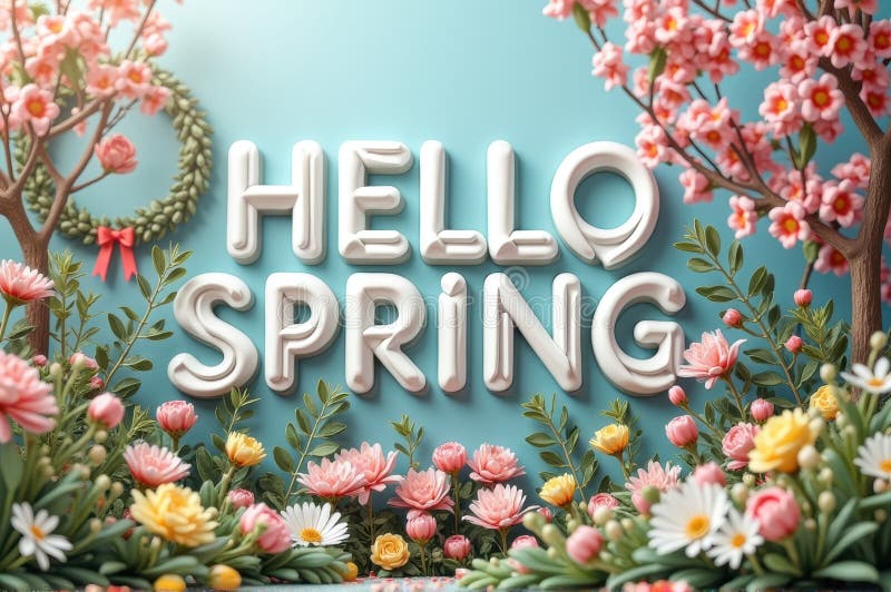 Hello Spring Vibrant Floral Scene Blooming Trees Colorful Flowers Stock ...