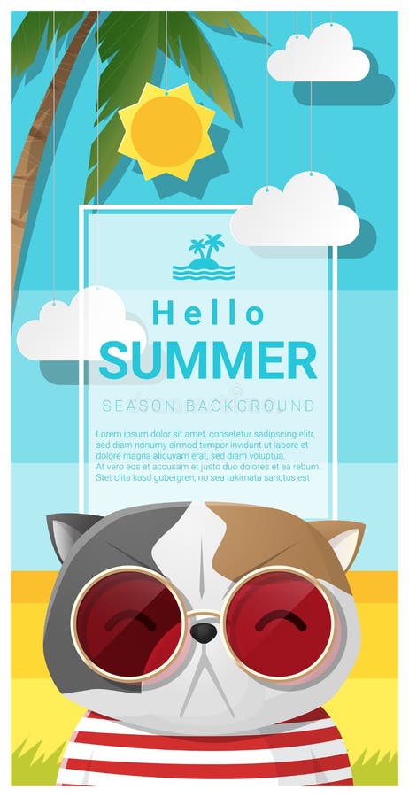 Hello Summer Background with Cat Wearing Sunglasses Stock Vector ...
