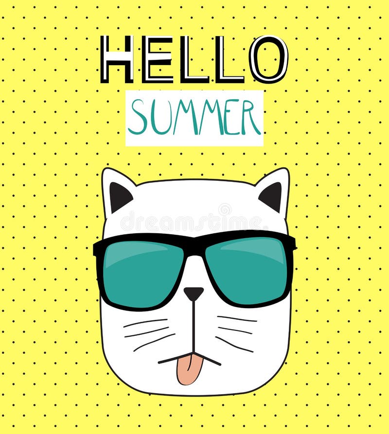 Hello Summer Background with Funny Hand Drawn Cat. Vector Illustration ...