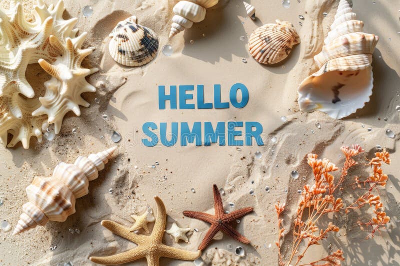 Hello Summer Banner with Sand Beach with Top View, Generative AI. Stock ...