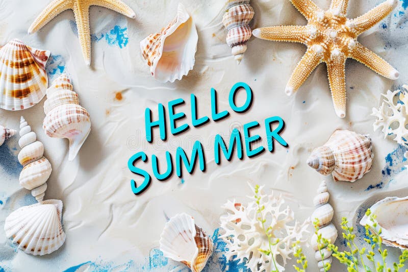 Hello Summer Banner with Sand Beach with Top View, Generative AI. Stock ...