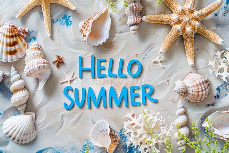 Hello Summer Banner with Sand Beach with Top View, Generative AI. Stock ...