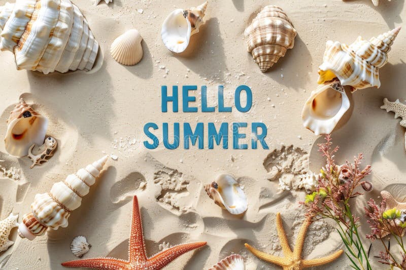 Hello Summer Banner with Sand Beach with Top View, Generative AI. Stock ...