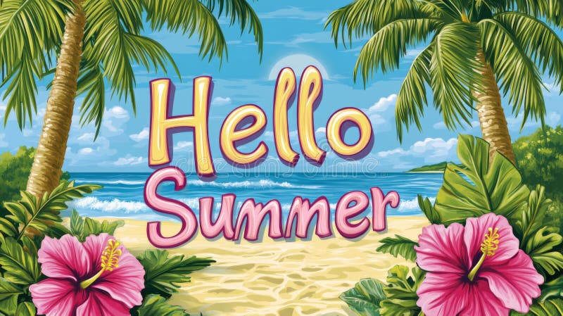 Hello Summer Beach Scene with Palm Trees and Hibiscus Stock ...