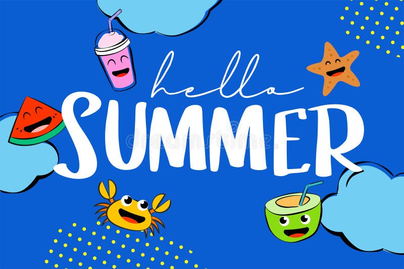 Hello Summer Camp Poster Design with Fun Cartoon Characters Stock ...