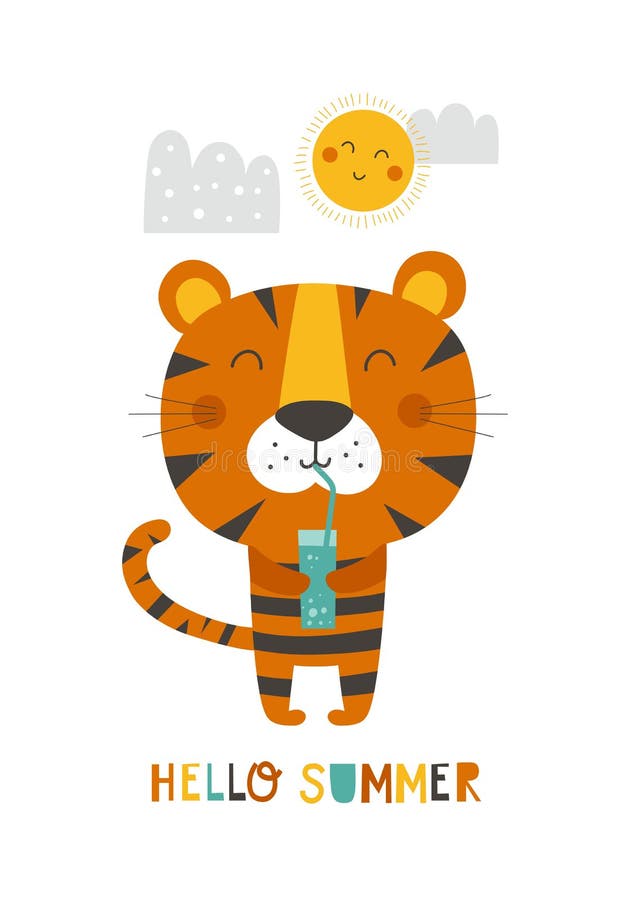 Hello Summer Card with Cute Tiger. Vector Illustration Stock Vector ...