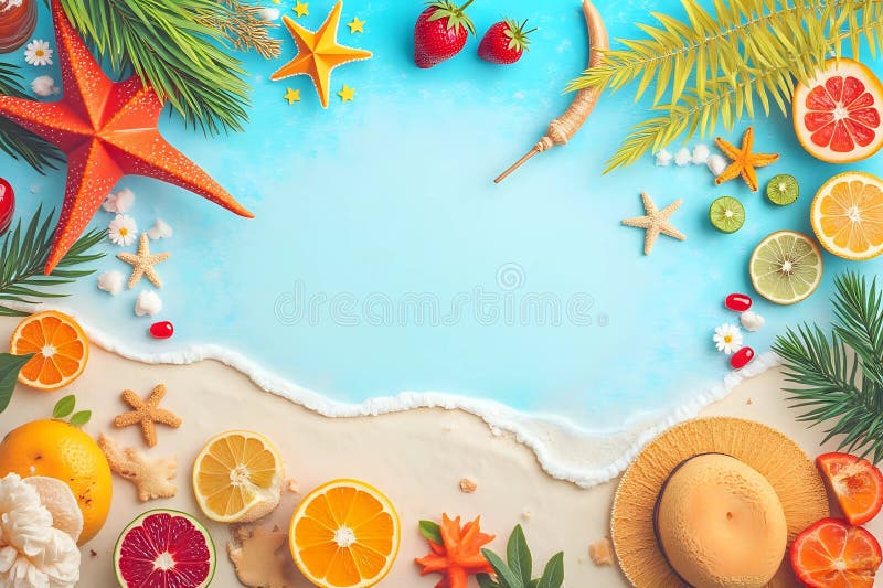 Hello Summer. Collage with Beach Stuff and Fruits with Copy Space Stock ...