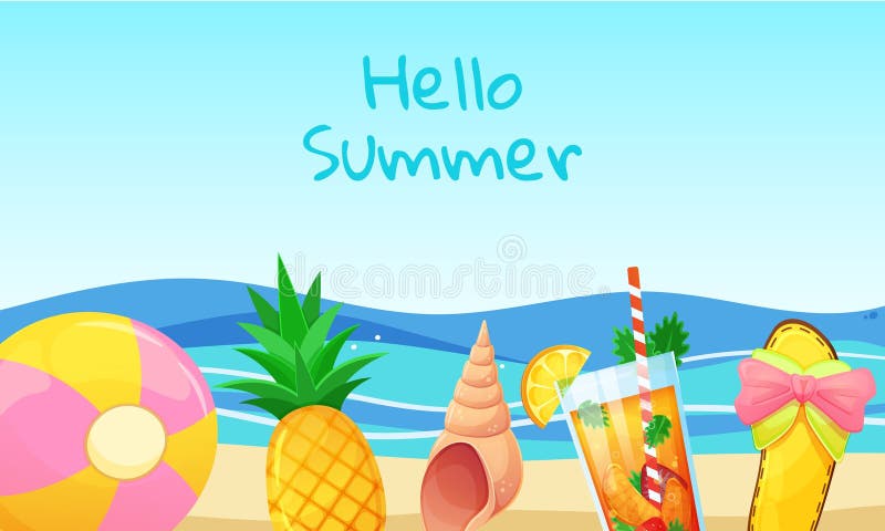 Hello Summer. Colorful Banner Template with Beach, Summer Drink, Ball ...