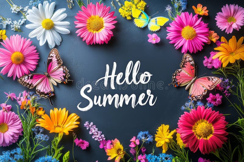 Hello Summer Greeting with a Frame of Vivid Flowers and Butterflies ...