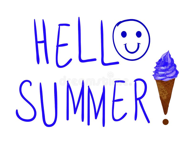 `Hello Summer` Handwritten Blue Letters on White Background. Stock ...