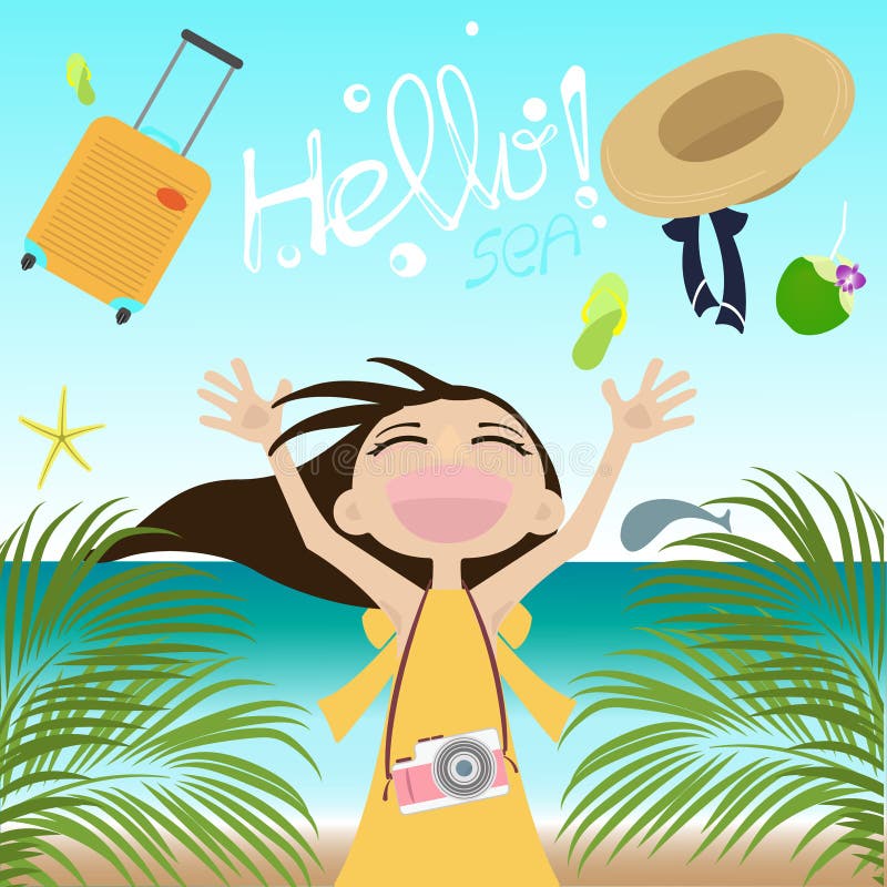 Hello Summer with Happy Girl on the Beach. Vector Illustration Stock ...