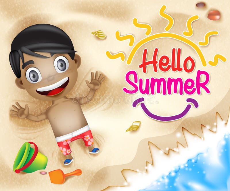 Hello Summer Happy Kid Happy Playing in Beach Sand Background Stock ...