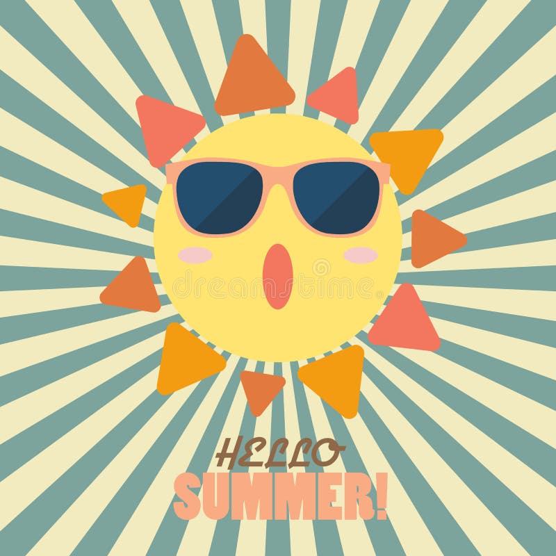 Hello Summer with Happy Sun on Sunburst Pattern Stock Vector ...