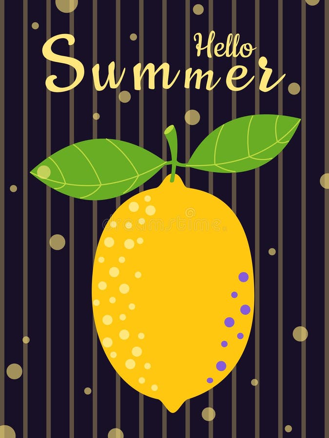 Hello Summer. Yellow Ripe Lemon with Green Leaves on a Dark Purple ...