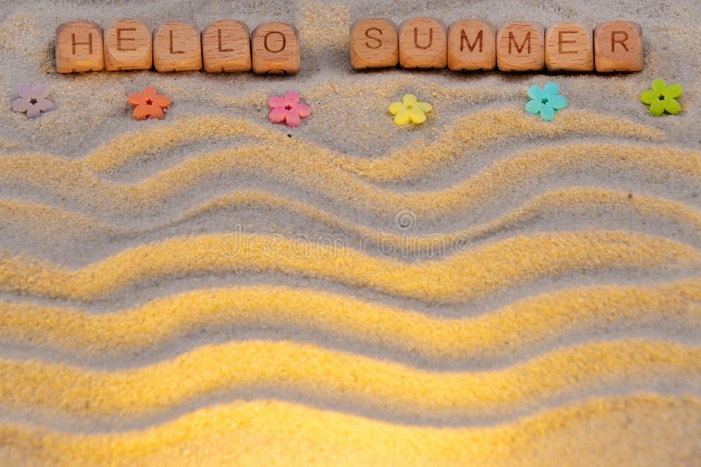 Hello Summer Message on Sandy Beach with Decorative Flowers Stock Image ...