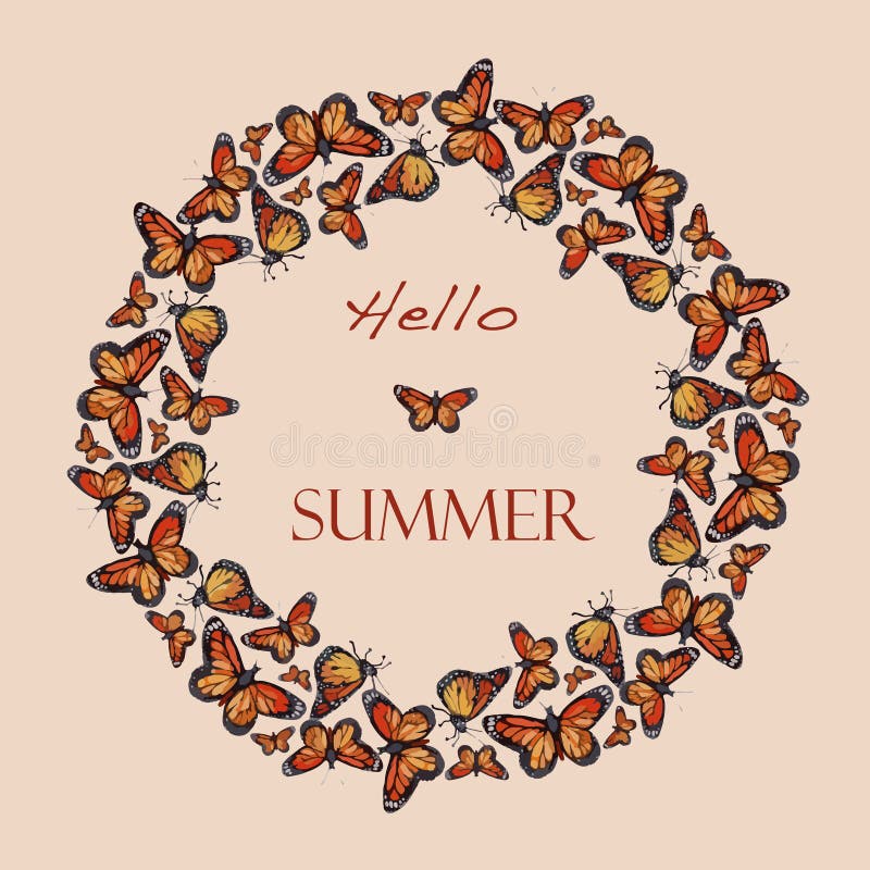 Hello Summer Monarch Butterfly Watercolor Vector Frame Illustration ...