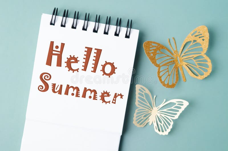 The Hello Summer on Note Book and Paper Butterfly Carve Stock Image ...
