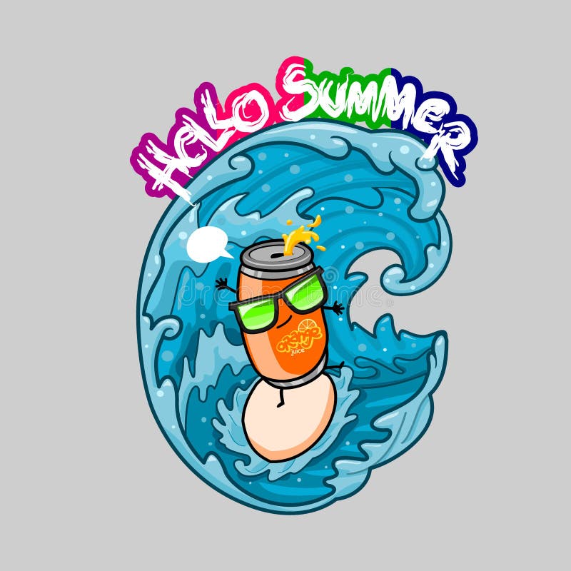 Hello Summer with Orange Juice Drink Can Character Surfing Stock Vector ...