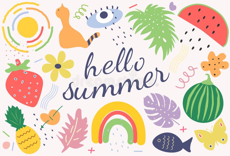 Hello Summer, Summer Elements and Illustrations in Vibrant Bright ...