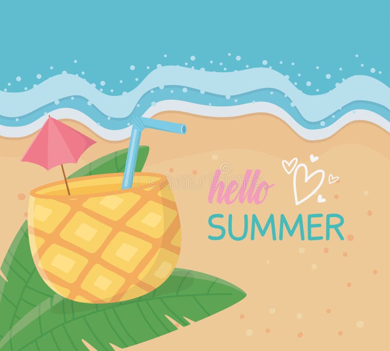 Hello Summer Poster with Beach Scene and Pineapple Cocktail Stock ...