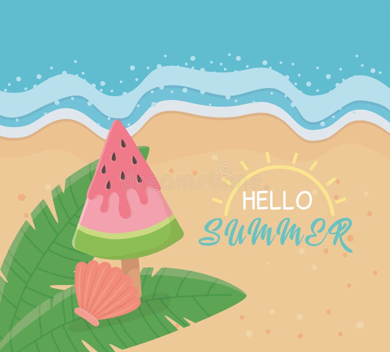 Hello Summer Poster with Beach Scene and Watermelon Stock Vector ...