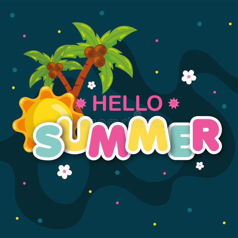 Hello Summer Poster with Cute Palm Trees and Sun Icons Vector Stock ...