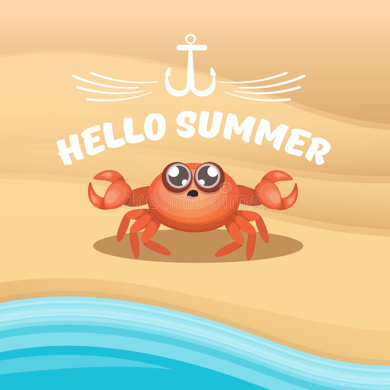 Hello Summer Poster Design Template with Beach and Funky Red Crab ...