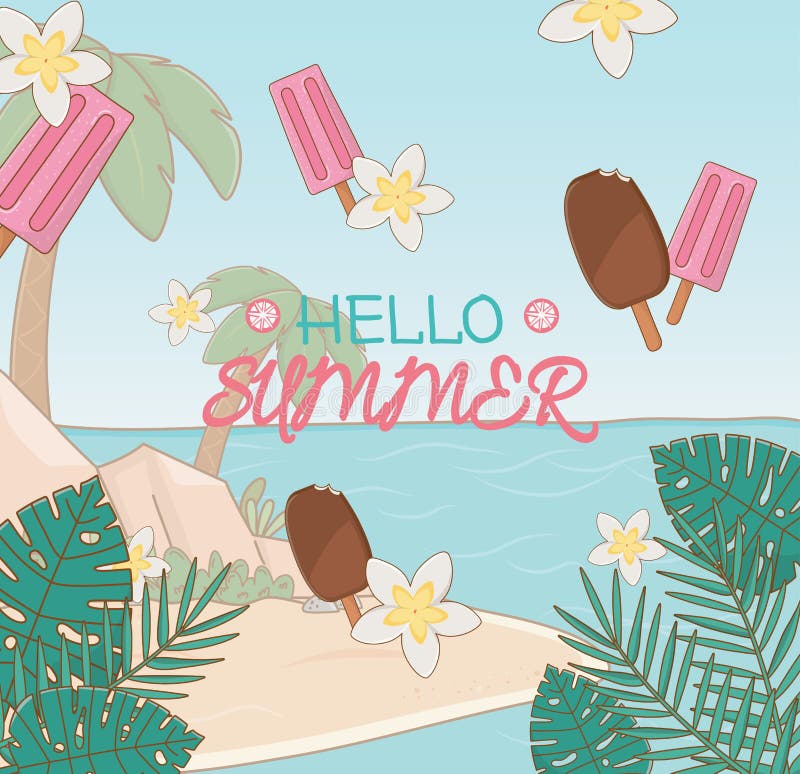 Hello Summer Poster with Ice Creams and Beach Scene Stock Vector ...