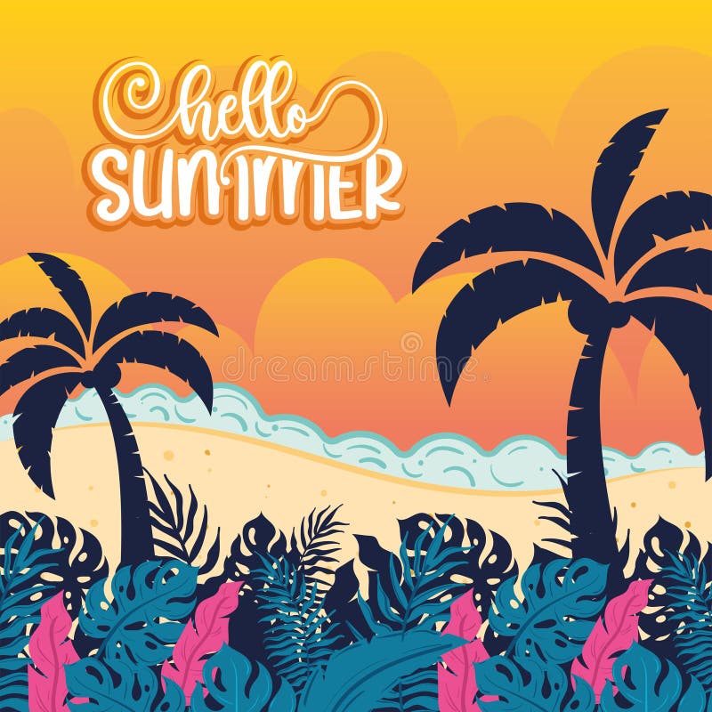 Hello Summer Poster with Palm Trees and Sunset Vector Stock ...