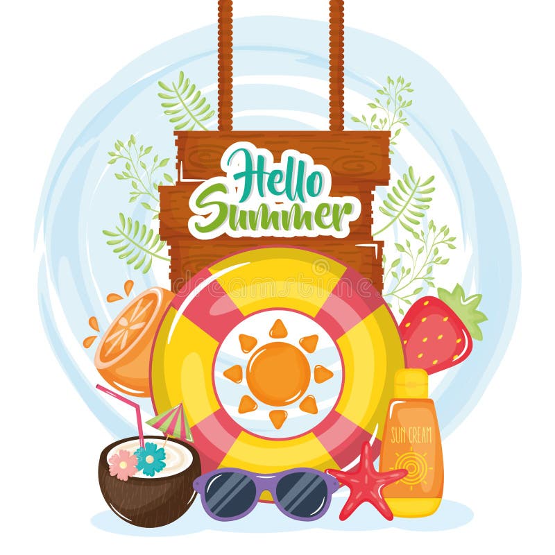 Hello Summer Poster with Wooden Label and Icons Stock Vector ...