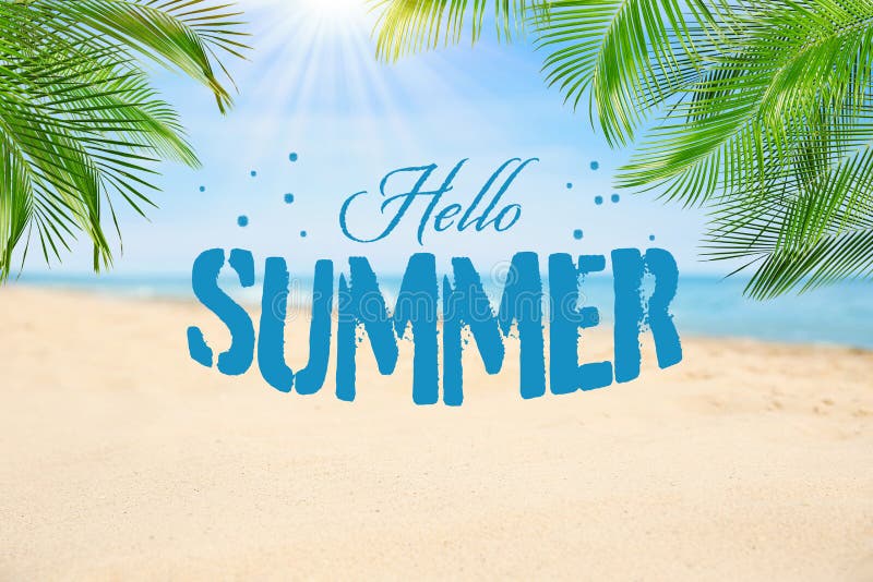Hello Summer. Sandy Beach with Palms Near Ocean on Sunny Day Stock ...