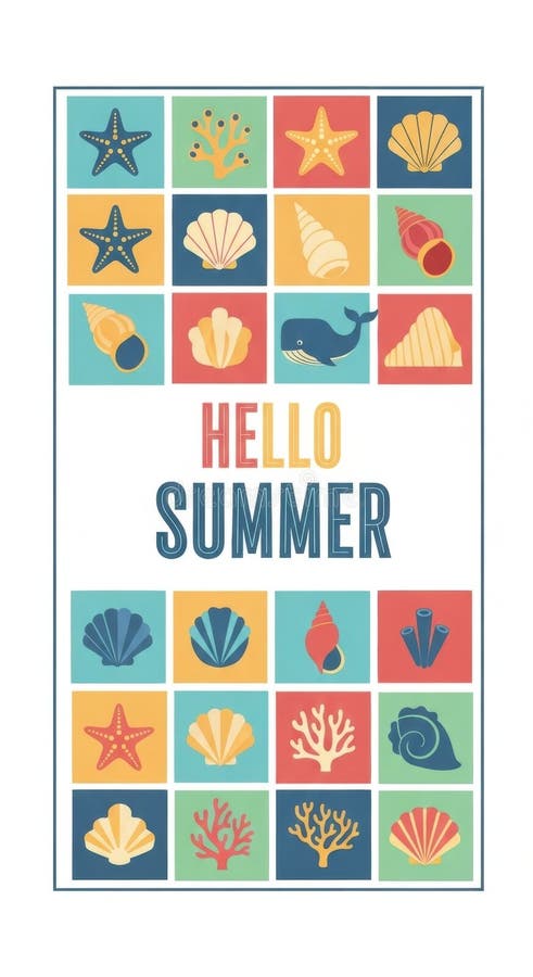 Hello Summer Sea Life Icons in Colorful Squares Stock Illustration ...