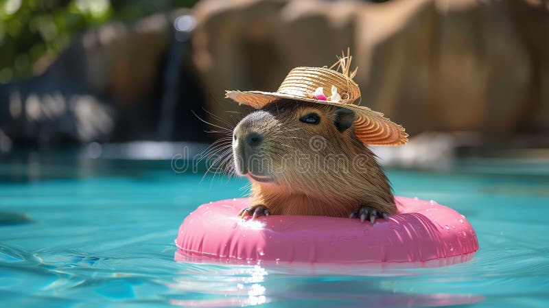 Hello Summer. Super Cute Capybara Wearing Straw Hat and Swimming in the ...