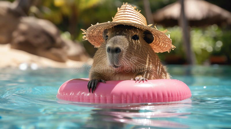 Hello Summer. Super Cute Capybara Wearing Straw Hat and Swimming in the ...