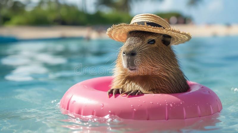 Hello Summer. Super Cute Capybara Wearing Straw Hat and Swimming in the ...