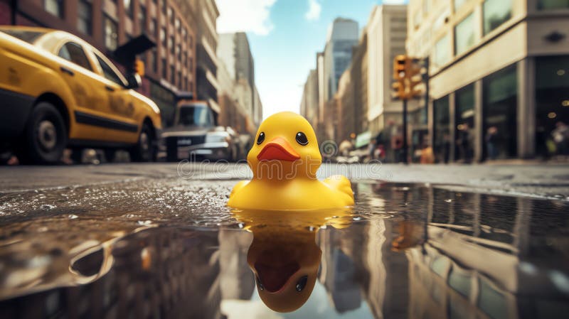 Hello Summer. Super Cute Rubber Duck Swimming in the Puddle Stock ...