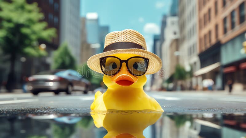 Hello Summer. Super Cute Rubber Duck Swimming in the Puddle Stock ...